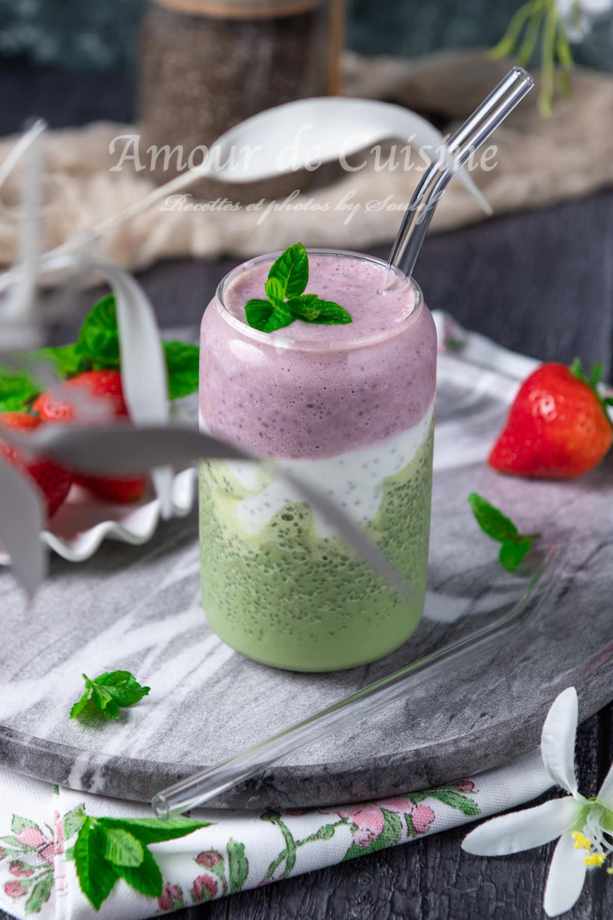 Pudding de chia fraises matcha et collagène